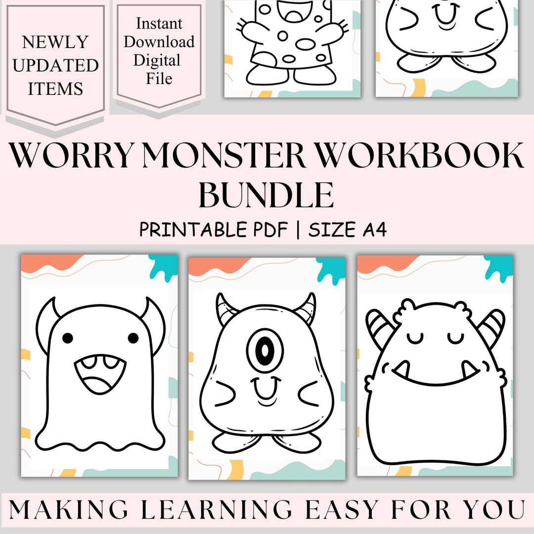Worry Monster Anxiety Workbook for Kids, CBT Worksheets, Therapy Office ...