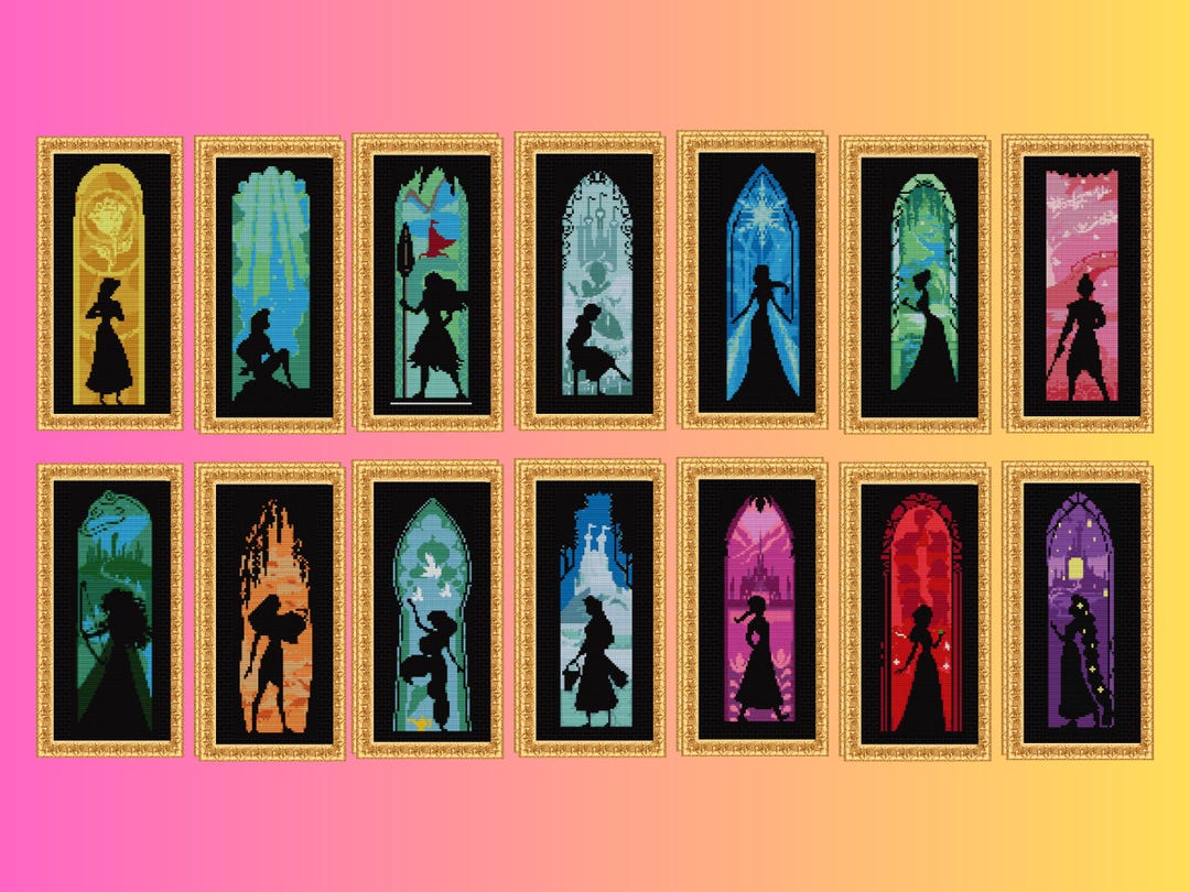 Princess Cross Stitch Pattern, Set of 14 Princess Silhouette, Rainbow ...