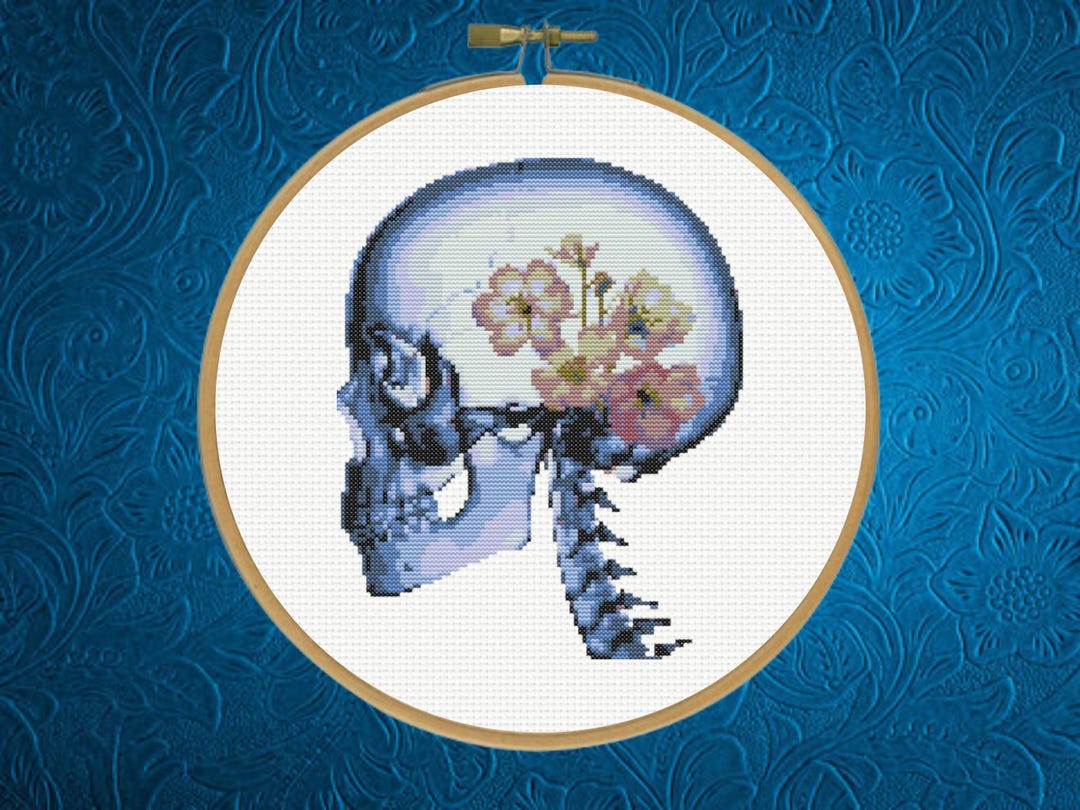 Skull X-ray Cross Stitch Pattern, Skull and Flowers Cross Stich Pattern ...