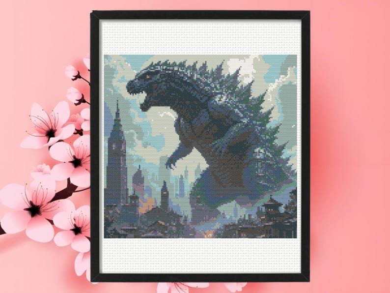Godzilla Cross Stitch Pattern, Monster Destroy City, Instant Download ...