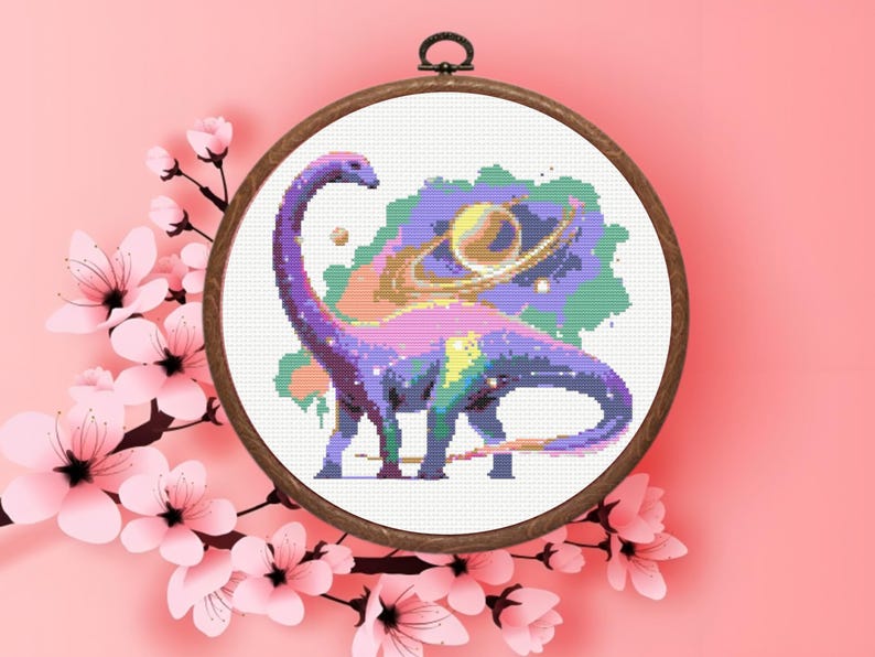 Cosmic Dinosaur Cross Stitch Pattern, Set of 4 Dinosaur Cross Stitch ...