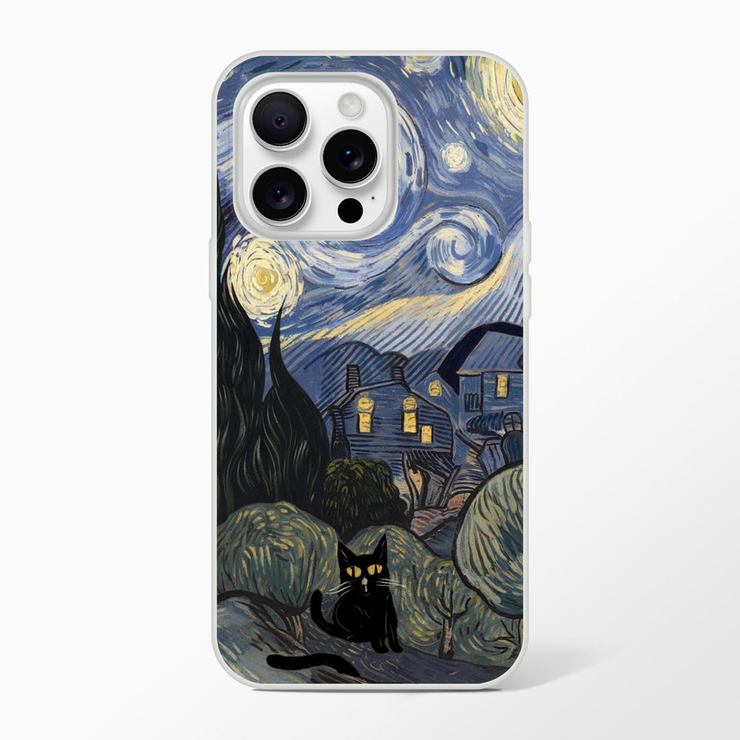 Van Gogh Black Cat Case Starry Night Art iPhone 16 15 13 14 11, iPhone ...