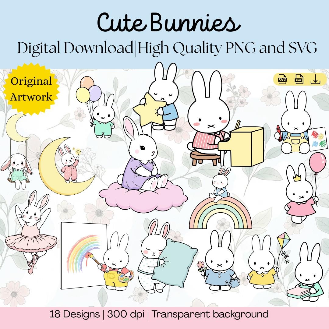 Miffy Style Bunny Clipart | Kawaii Pastel Designs (SVG, PNG) - Etsy