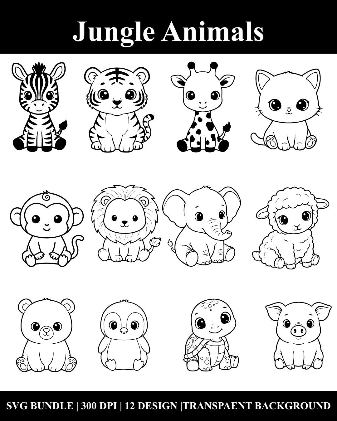 Cute Baby Animals SVG Bundle 12 Animals Lion, Giraffe, Elephant, Tiger ...