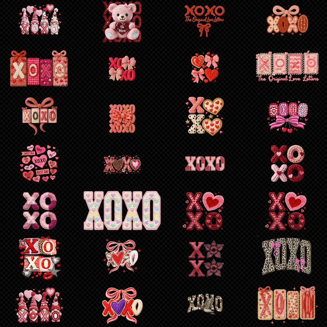 Valentine XO Bundle PNG Crochet Style Love Letters Hearts Bow Cute Text ...