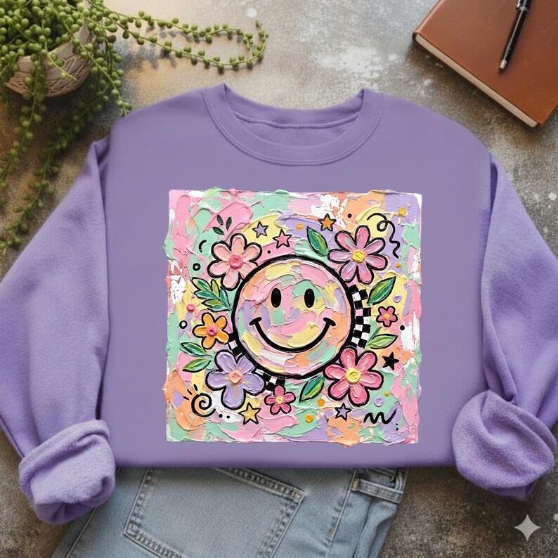 Smiley Face Floral Impasto PNG, Colorful Happy Face Flower Shirt Design ...