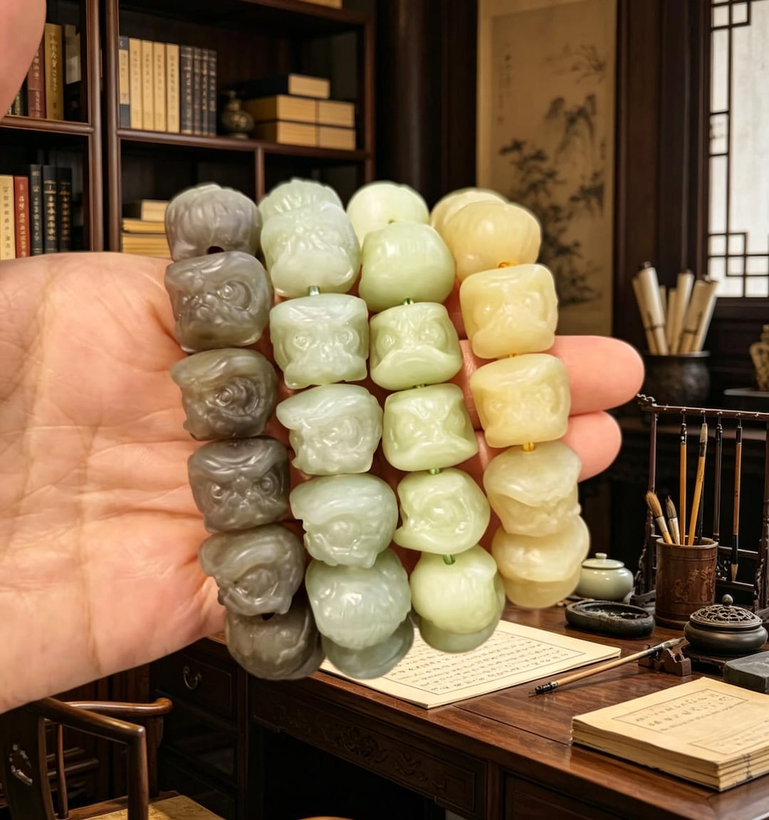 Natural Nephrite Jade Lion Dance Bracelet – Hand-carved Awakening Lion ...