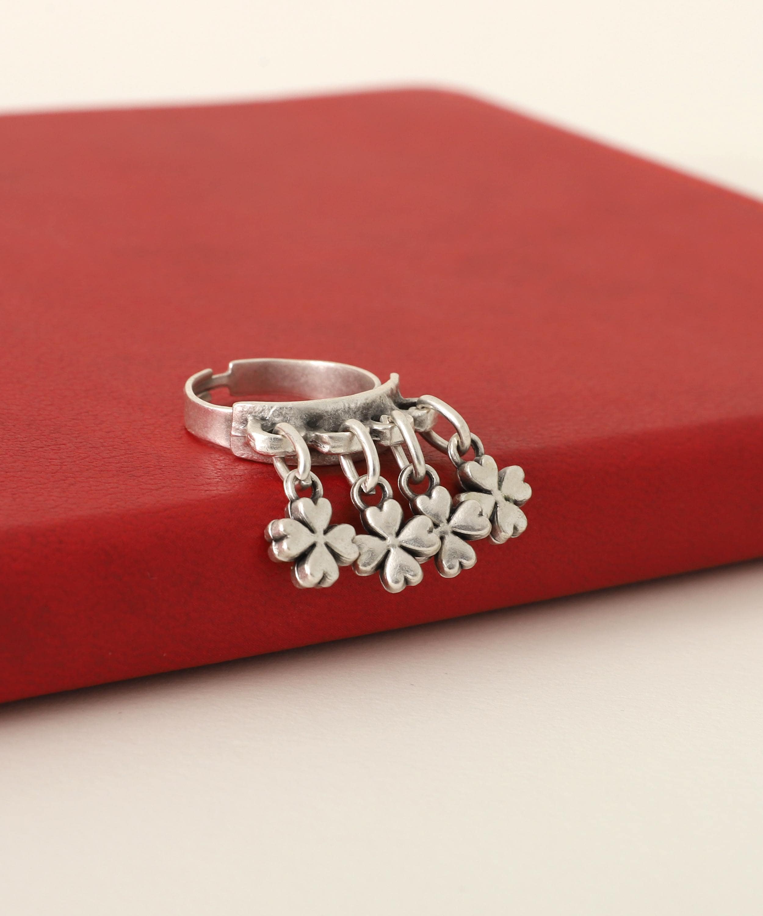 Boho Dangle Ring: Heart Clover Charm Women Rings , Adjustable Silver ...