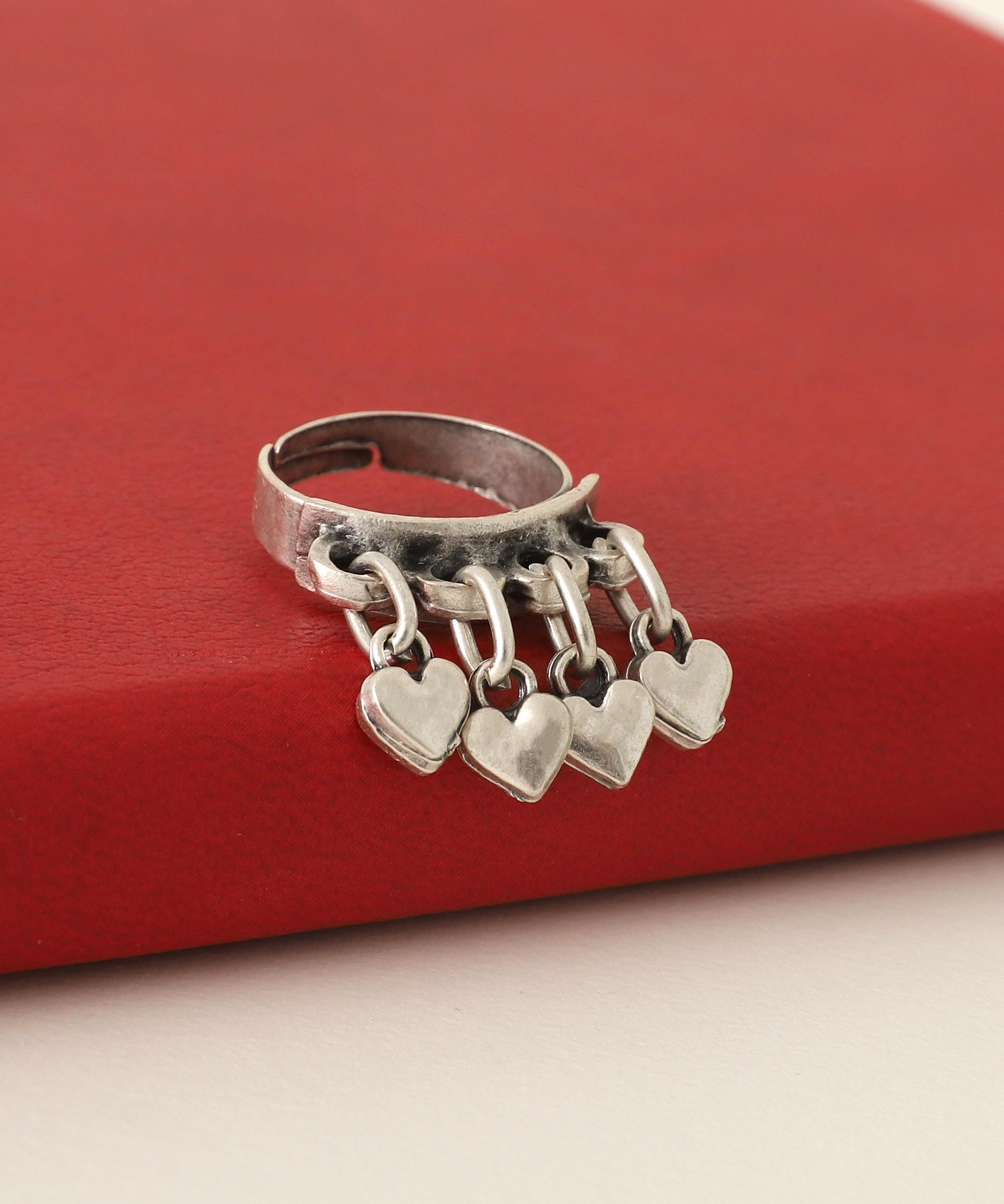 Boho Dangle Ring: Heart Clover Charm Women Rings , Adjustable Silver ...