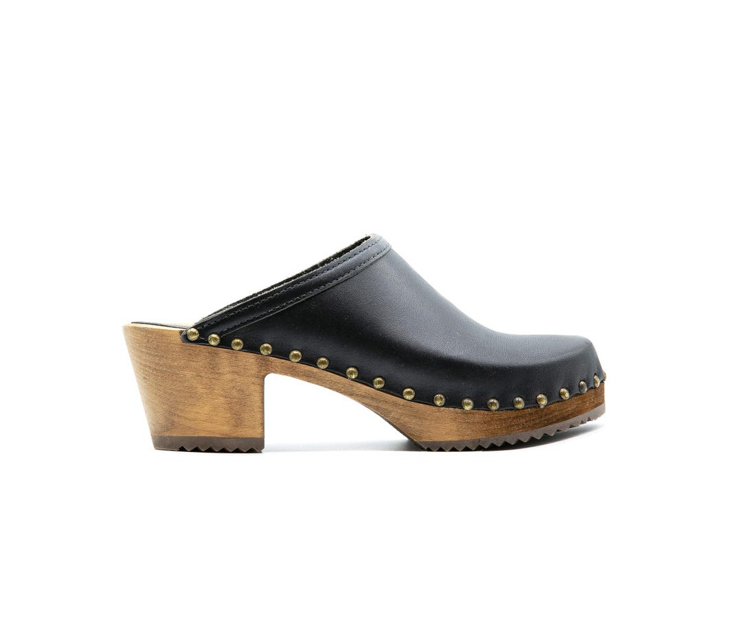 Swedish Clogs Mules Genuine Leather Clogs Scandinavian Womens Mid Heel ...
