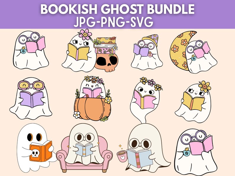 Bookish Ghost Clipart Set\ Cute Ghost Reading PNG\ Spooky Halloween ...