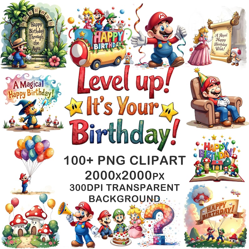 Watercolor Mario Birthday Clipart Bundle: 100+ PNG Party Designs ...