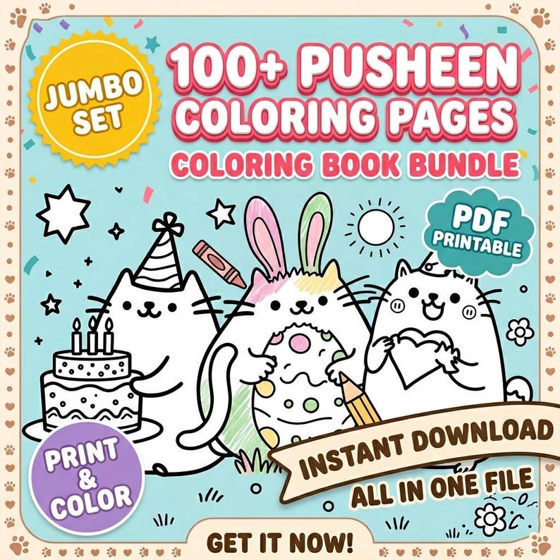 Pusheen Coloring Pages Bundle, Jumbo Cat Activity Sheets (PDF Printable ...