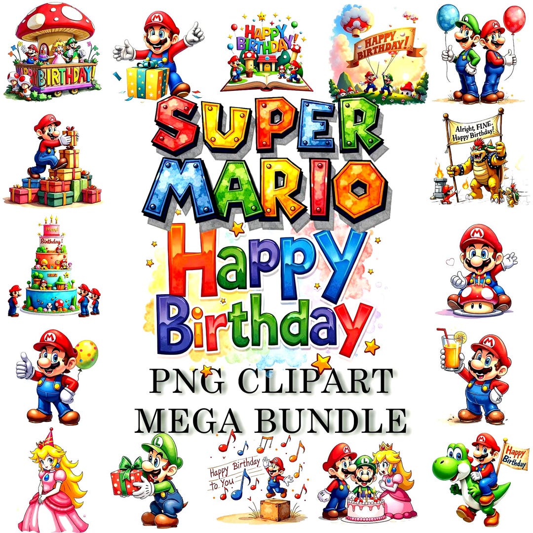 Watercolor Mario Birthday Clipart Bundle: 100+ PNG Party Designs ...