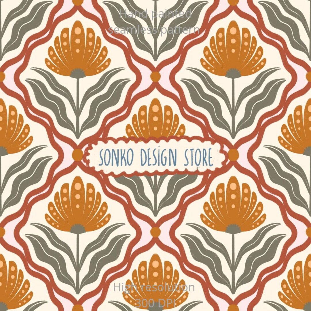 Retro Orange Flowers Seamless Pattern, Trellis Vintage Wallpaper Design ...