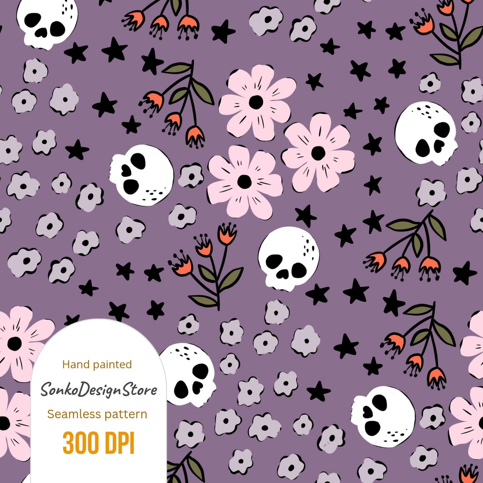 Halloween Floral Skull Seamless Pattern: Purple Background (commercial ...