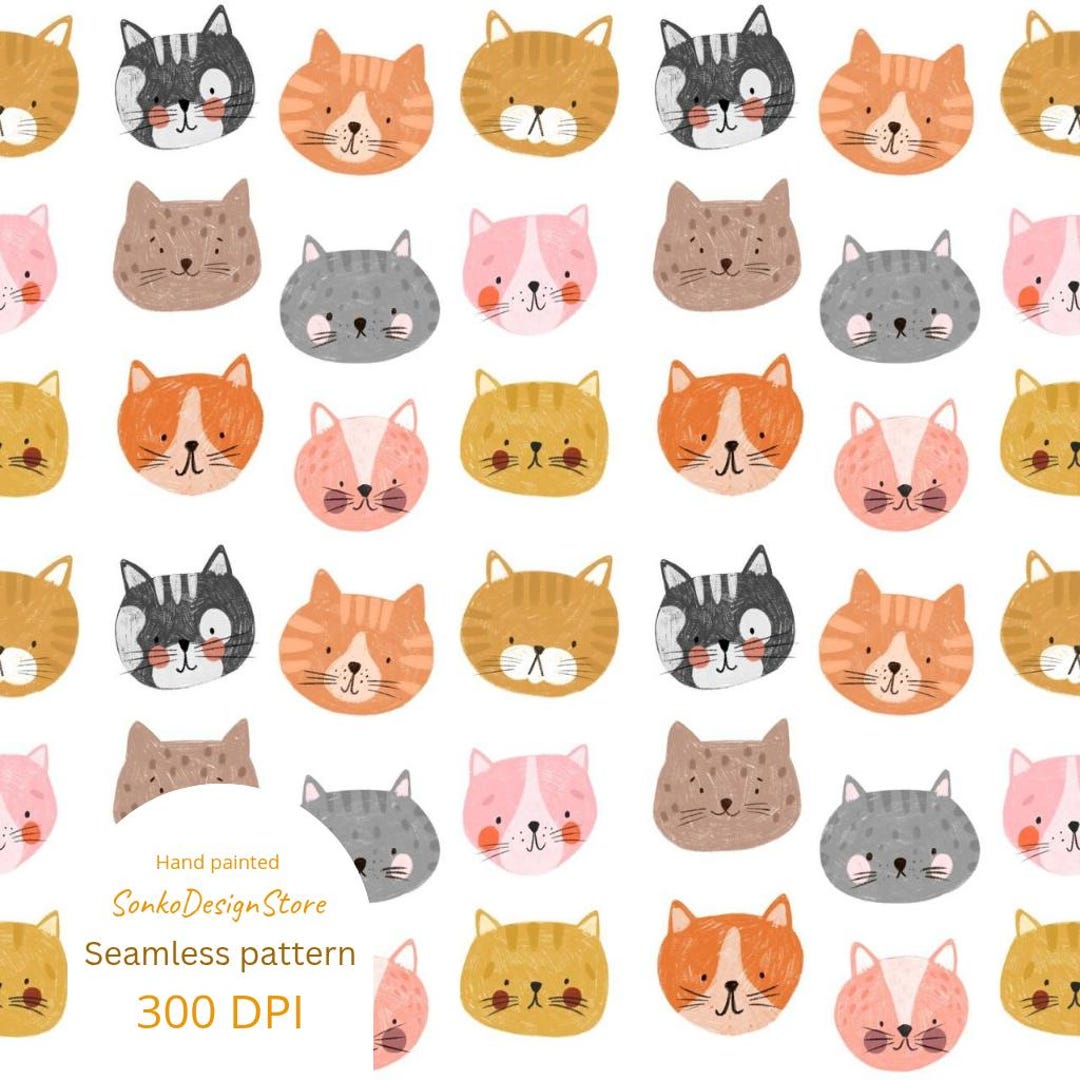 Cat Faces Seamless Pattern Cute Kawaii on a White Background Digital ...