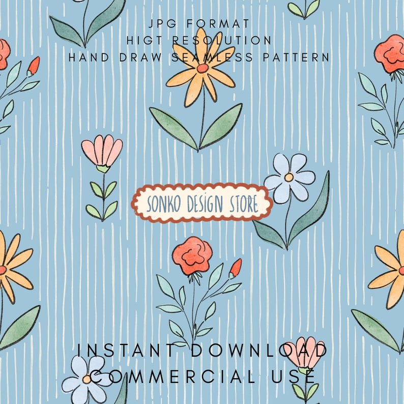 Flowers and Stripes Seamless Repeat Pattern, Watercolour Hand Drawn ...