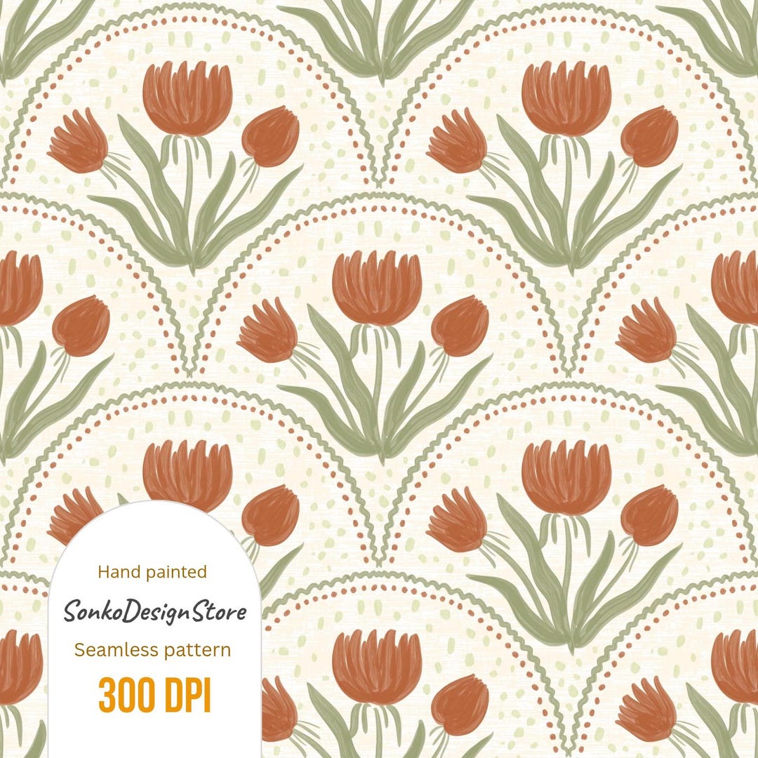 Retro Floral Scallop Seamless Repeat Pattern, Hand Drawn Red Flowers ...