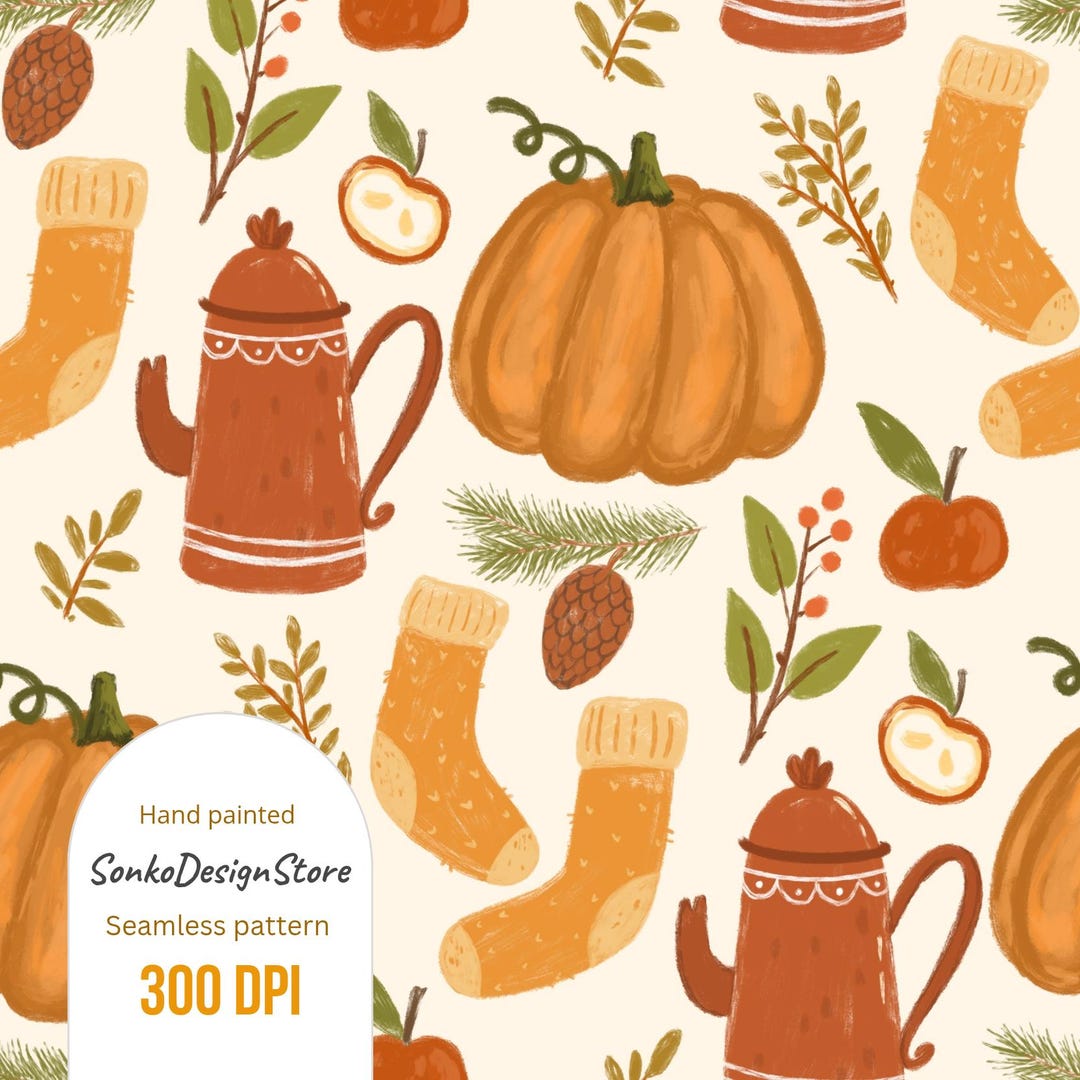 Fall Seamless Repeating Pattern, Cute Hand Drawn Pattern, Cottagecore ...