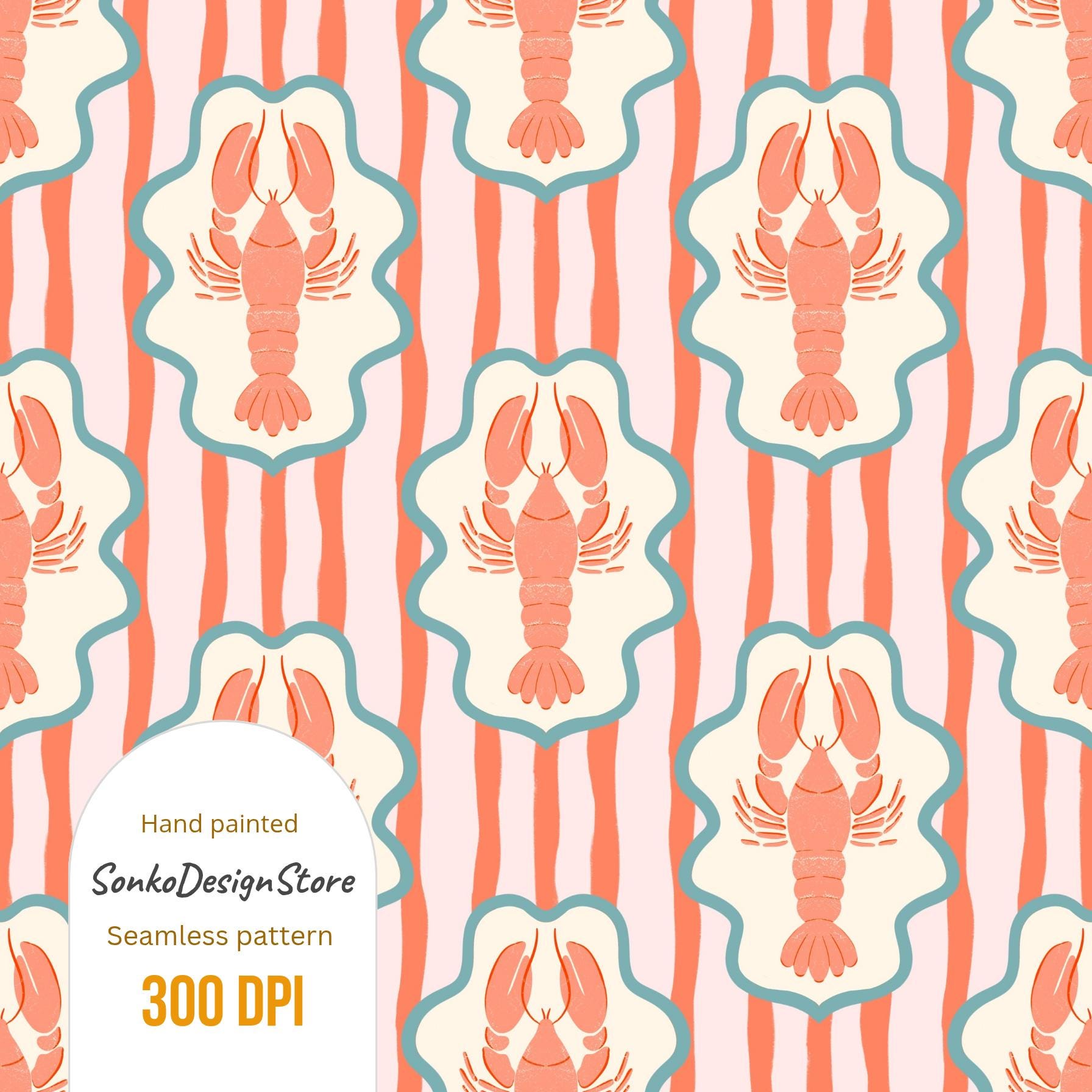 Retro Lobster Seamless Pattern: Coastal Digital Paper (300 DPI, JPG ...