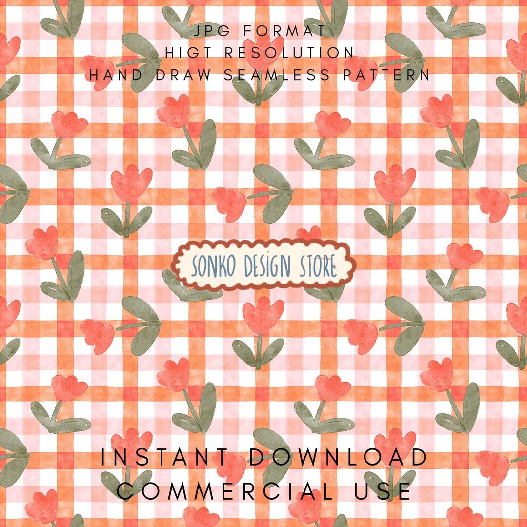 Watercolour Tulips Seamless Repeat Pattern, Hand Drawn Gingham ...
