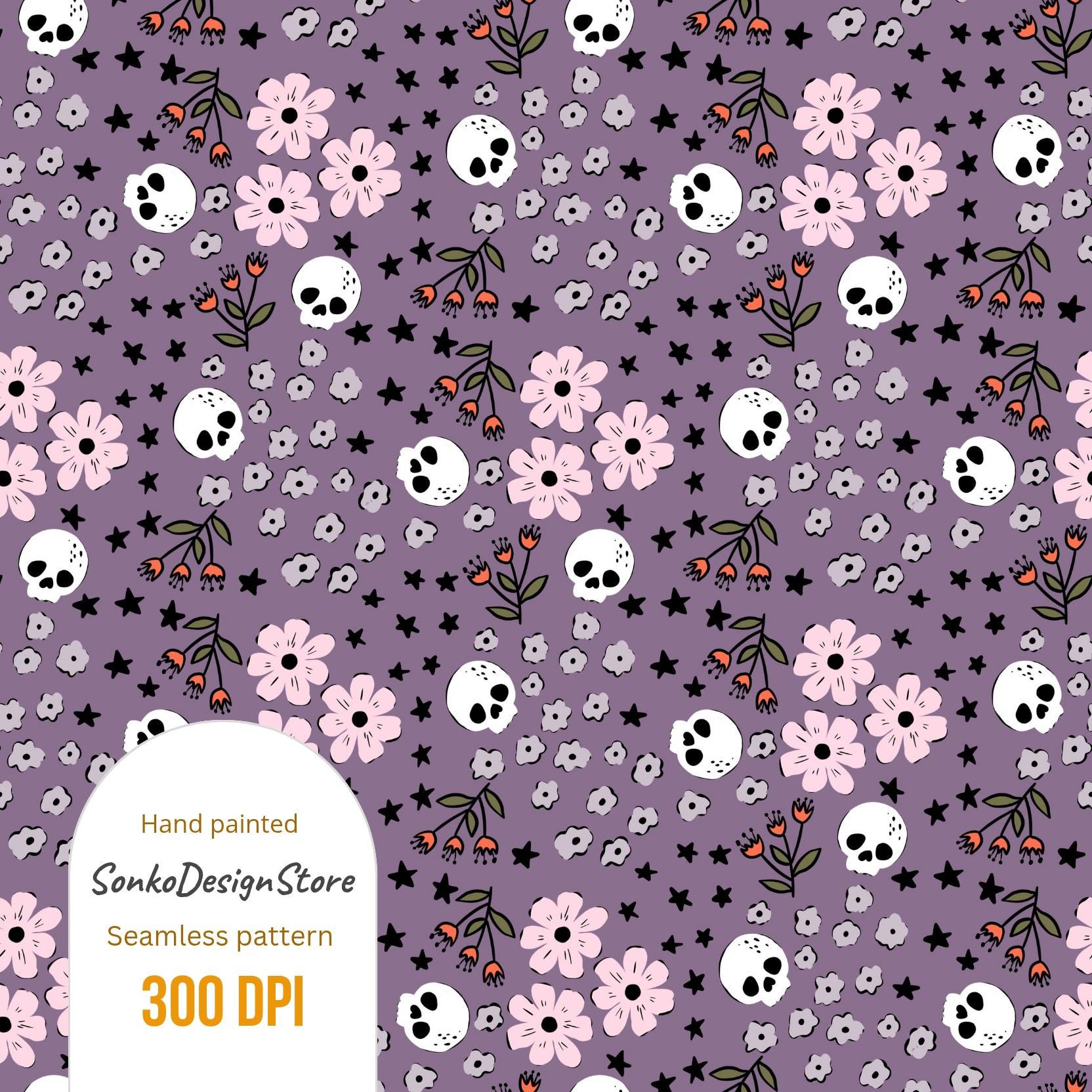 Halloween Floral Skull Seamless Pattern: Purple Background (commercial ...
