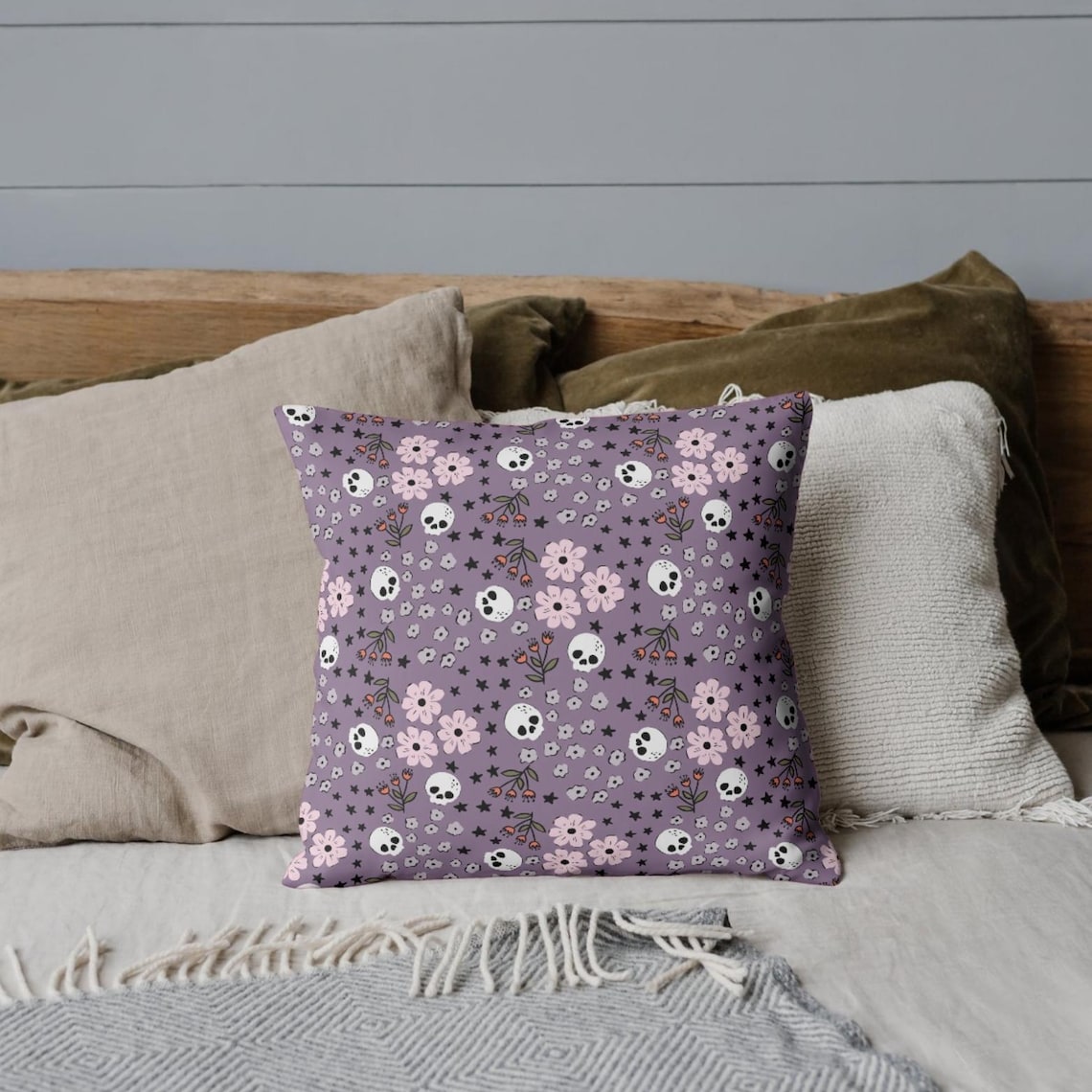 Halloween Floral Skull Seamless Pattern: Purple Background (commercial ...