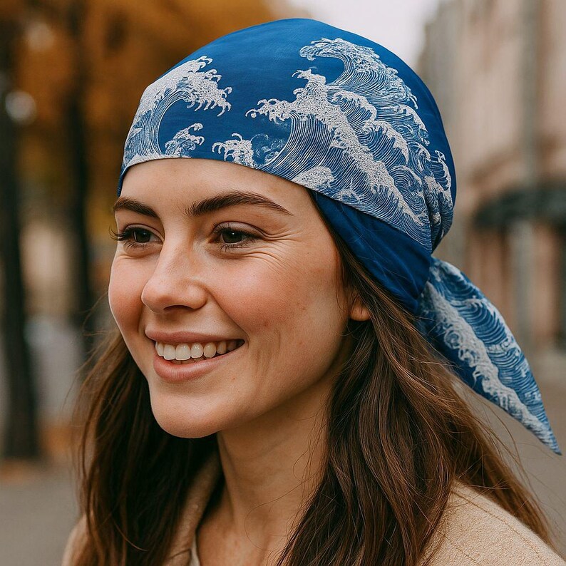 Blue Ocean Waves Bandana Scarf – Japanese Hokusai Style Headscarf ...
