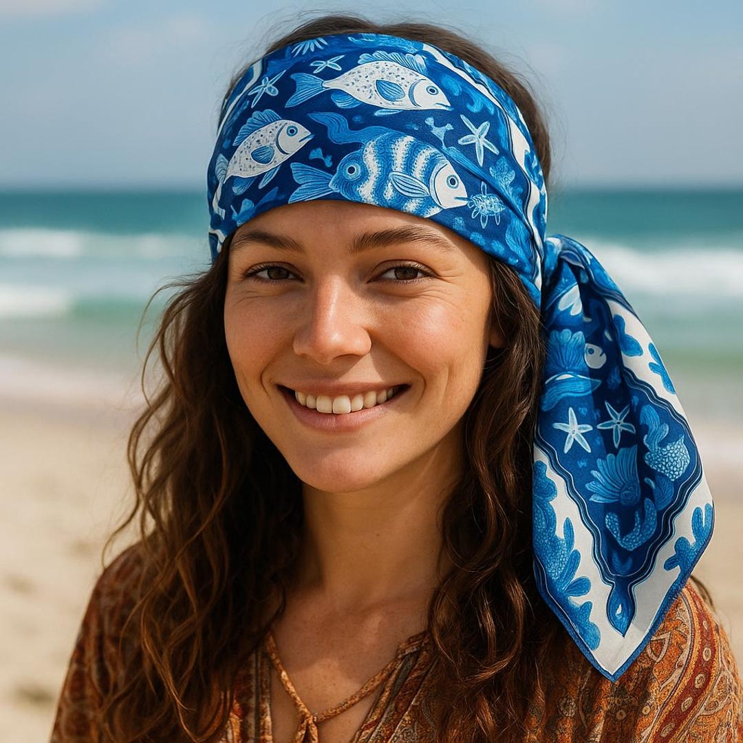 Ocean Fish Bandana, Blue Sea Life Scarf, Summer Beach Outfit Accessory ...