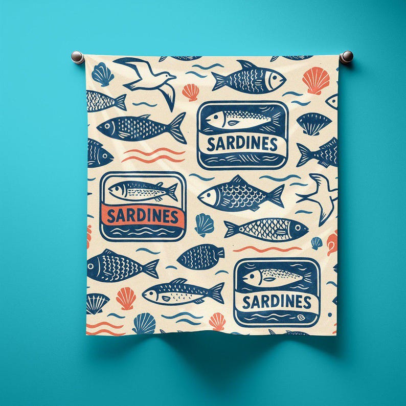 Sardines Retro Scarf, Sardinen Can Bandana, Summer Necktie, Beach ...