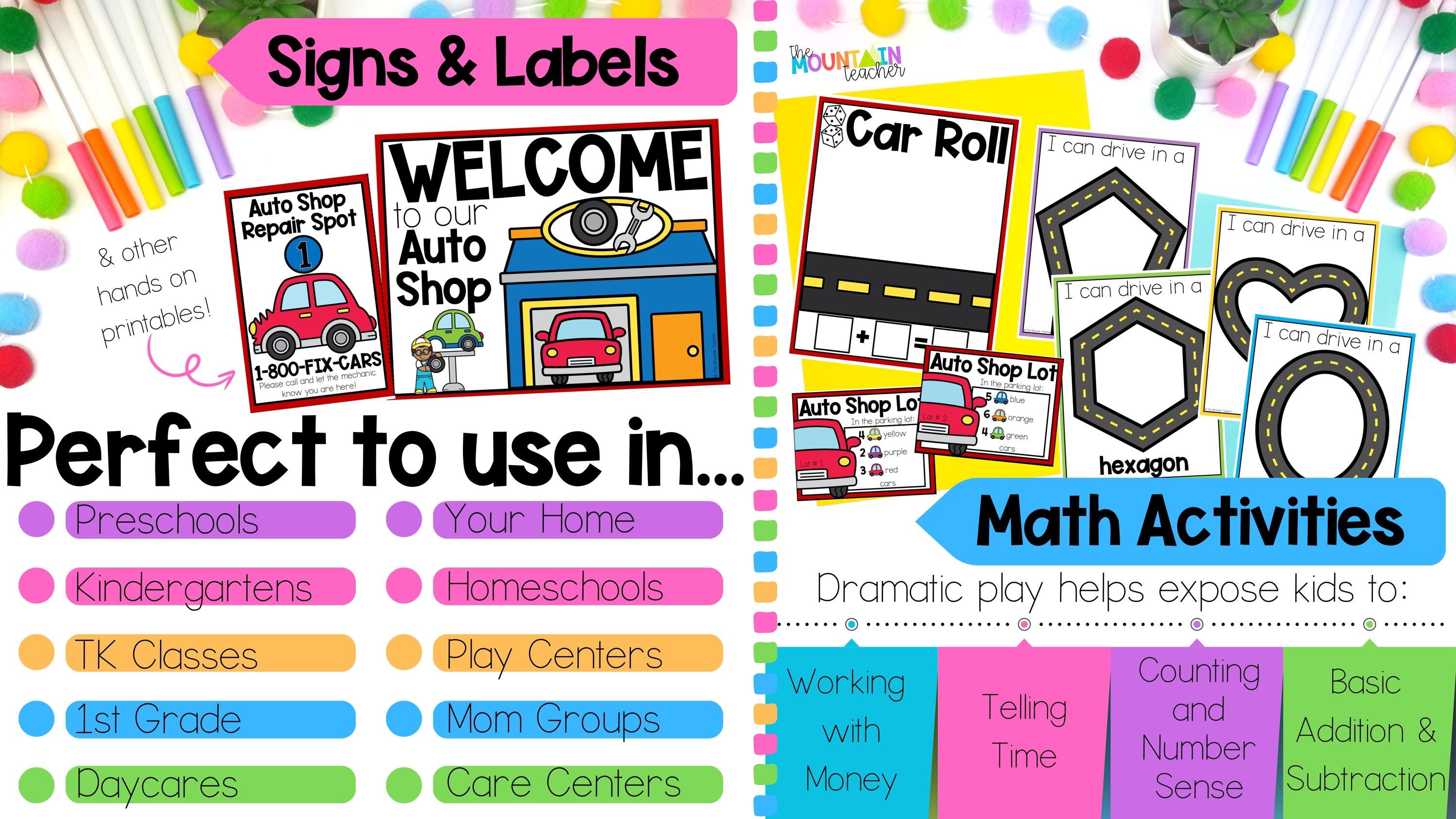 Auto Shop Dramatic Play Bundle Cars Activities - Printables, Preschool ...