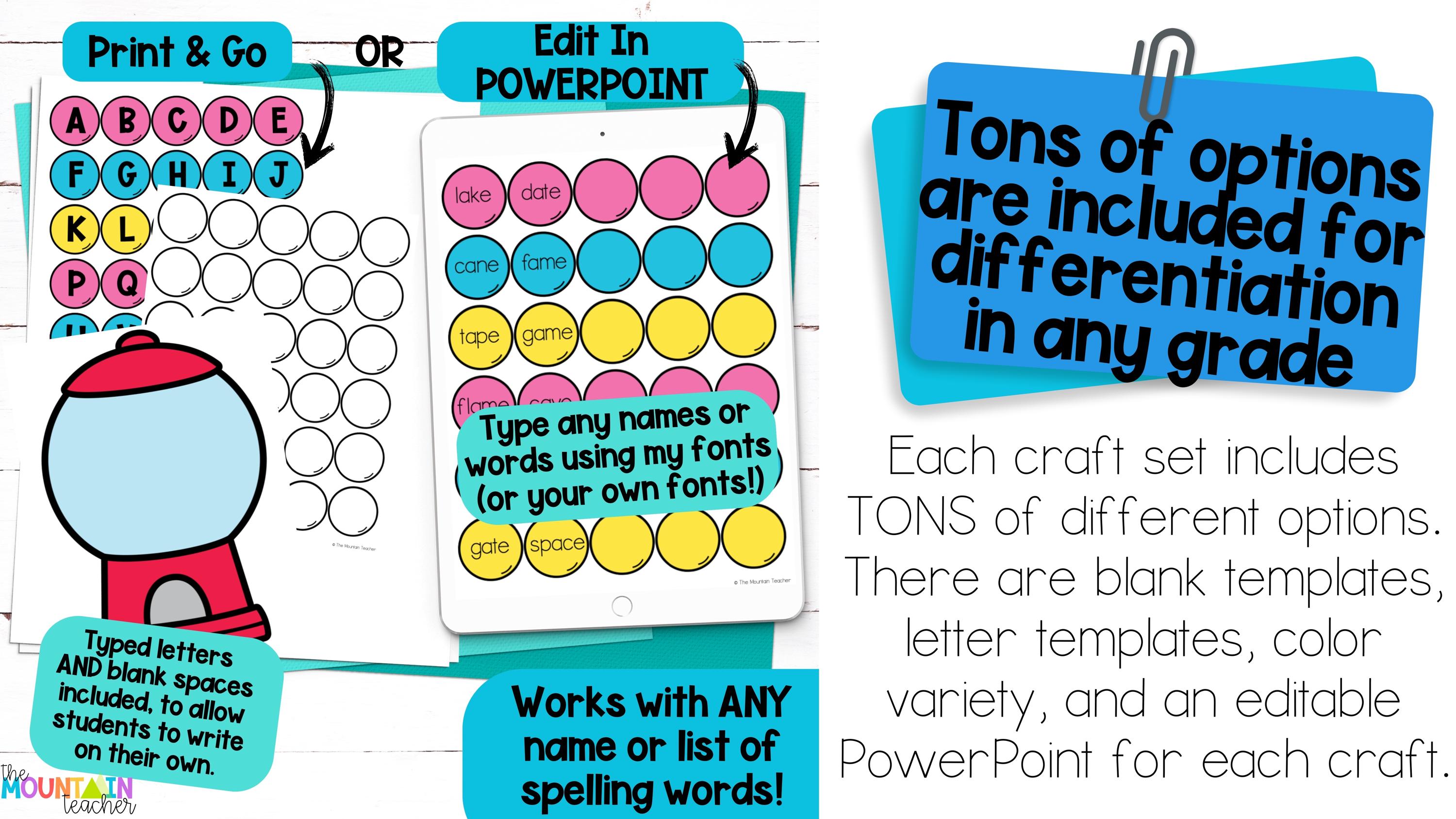 Gumball Name & Spelling Craft: Editable Phonics Activity (digital ...