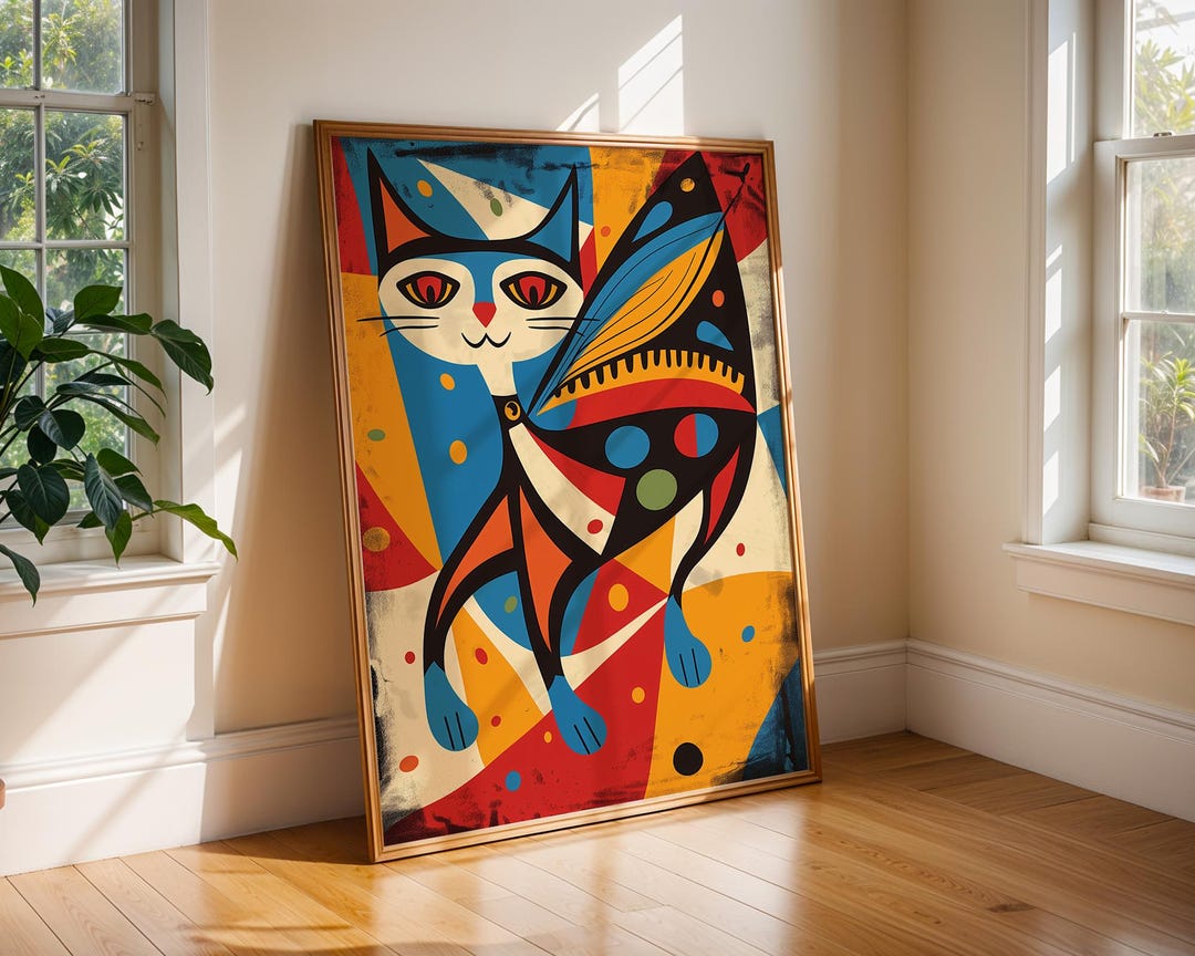 Abstract Cat Butterfly Wings Print | Retro Modern Feline Wall Art - Etsy