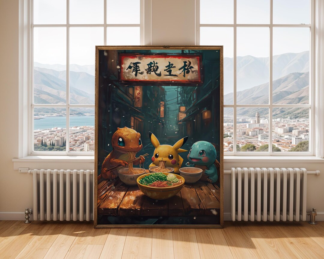 Pikachu, Charmander and Squirtle Eating Ramen | Cozy Pokémon Trio Wall ...