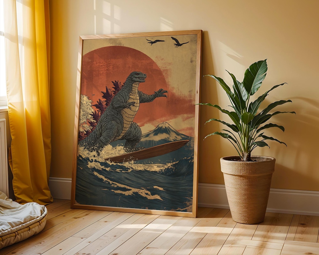 Godzilla Surfing Wall Art - Japanese Ukiyo-e Wave Print - Kaiju Art ...