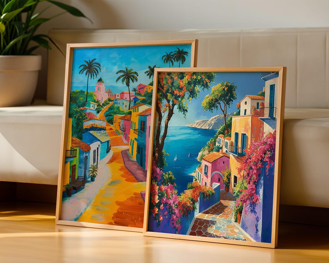 Colourful Prints | Mediterranean Seaside Village Prints Set | Coastal ...