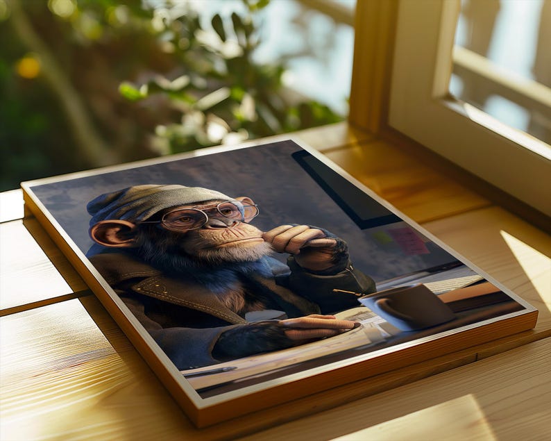 Thinking Chimp Art Print | Quirky Office Animal Portrait - Etsy