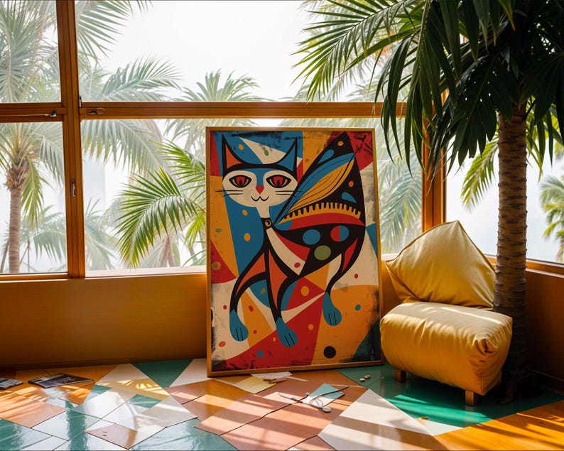 Abstract Cat Butterfly Wings Print | Retro Modern Feline Wall Art - Etsy