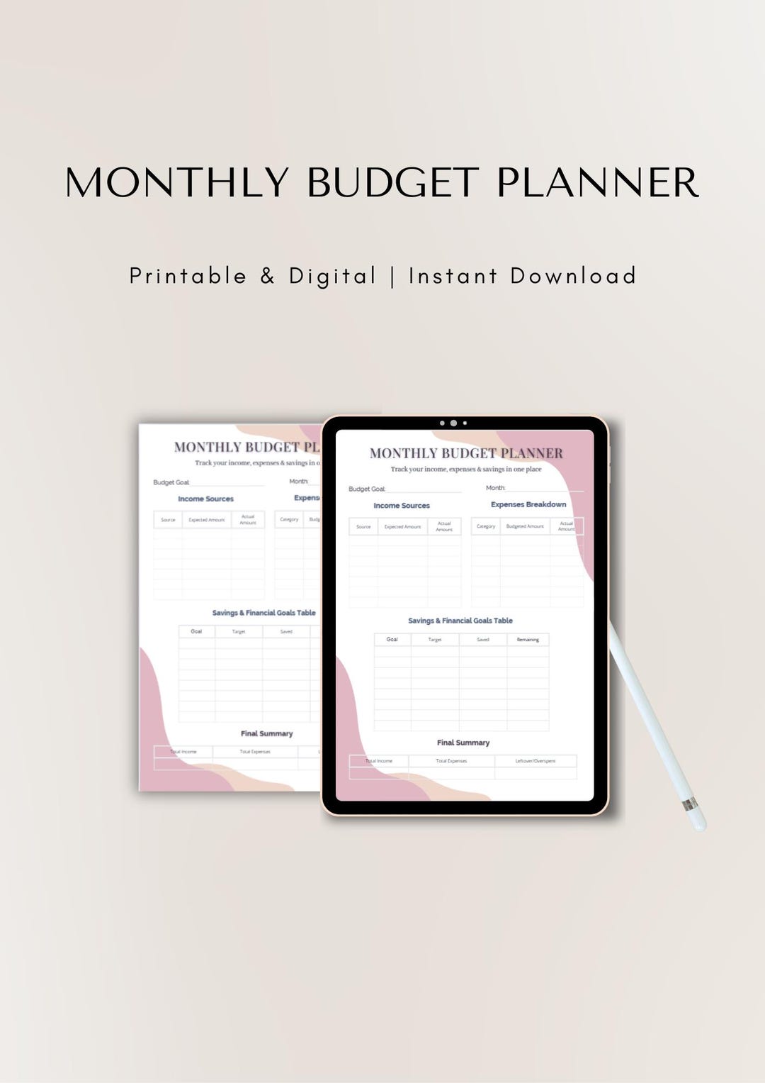 Monthly Budget Planner | Digital & Printable Finance Tracker | Expense ...