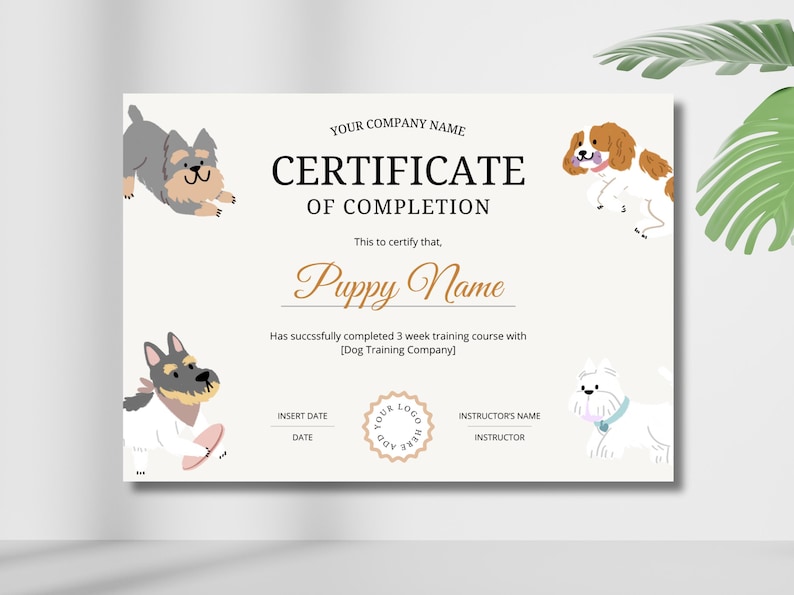 Dog Training Certificate Template, Editable in Canva, Printable Instant ...