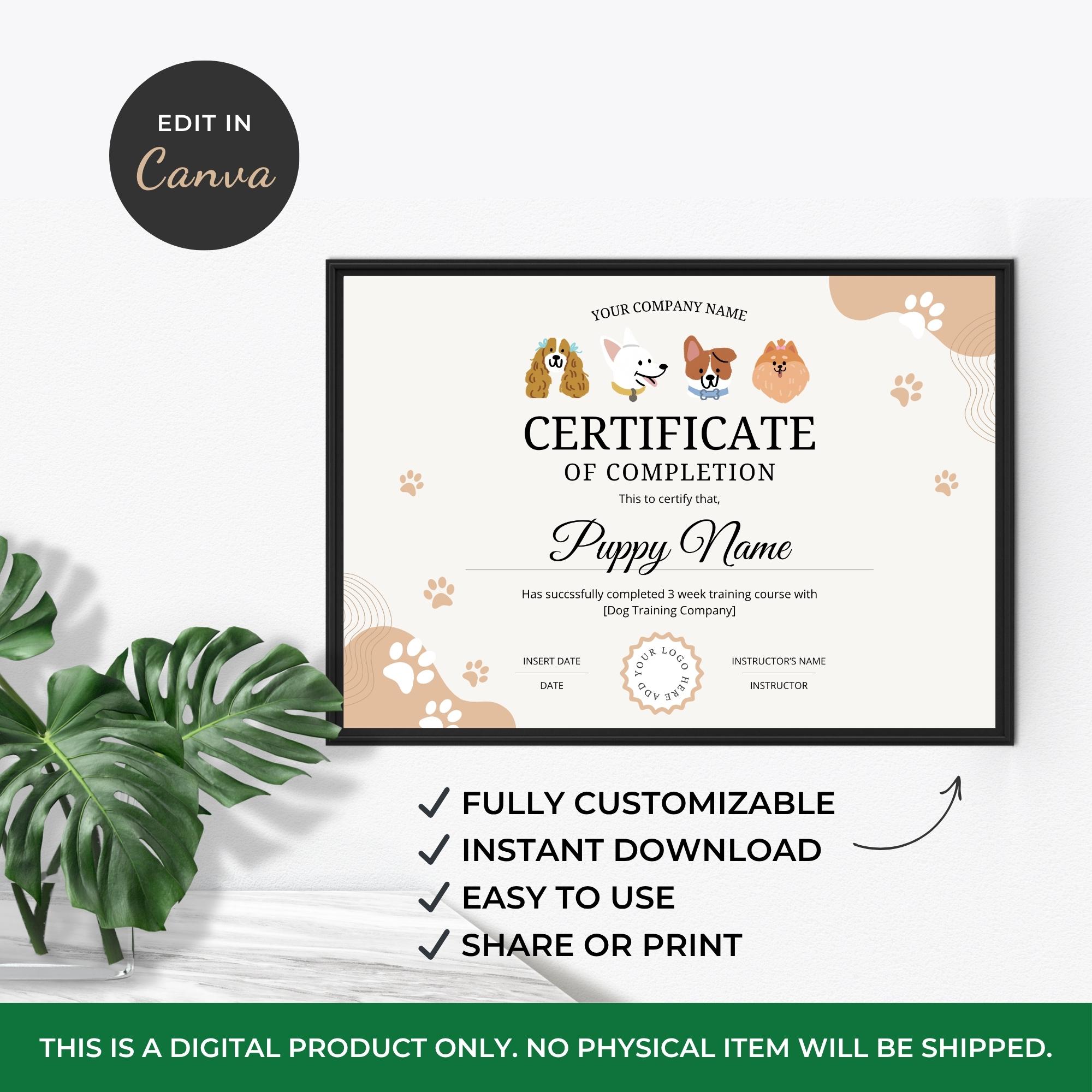 Dog Training Certificate Template, Editable in Canva, Printable Instant ...