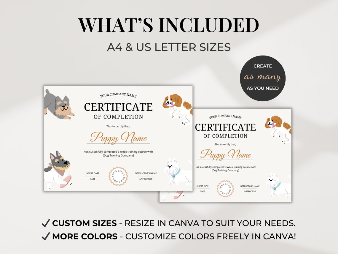 Dog Training Certificate Template, Editable in Canva, Printable Instant ...