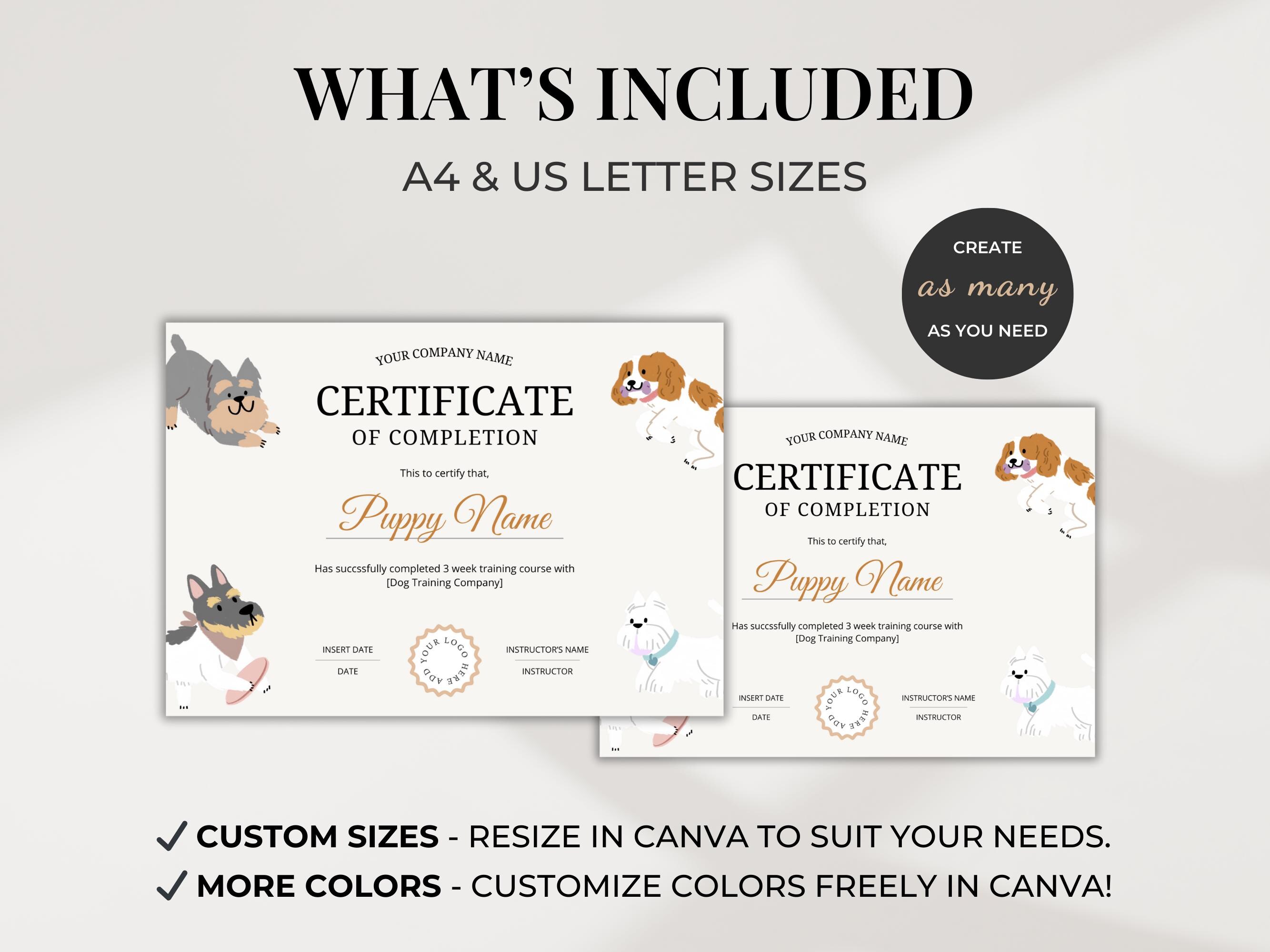 Dog Training Certificate Template, Editable in Canva, Printable Instant ...