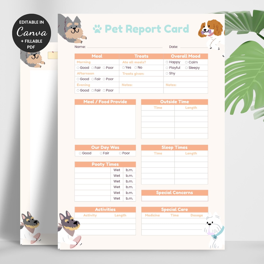 Dog Report Card Template | Pet Sitter Daycare Form (printable PDF) - Etsy