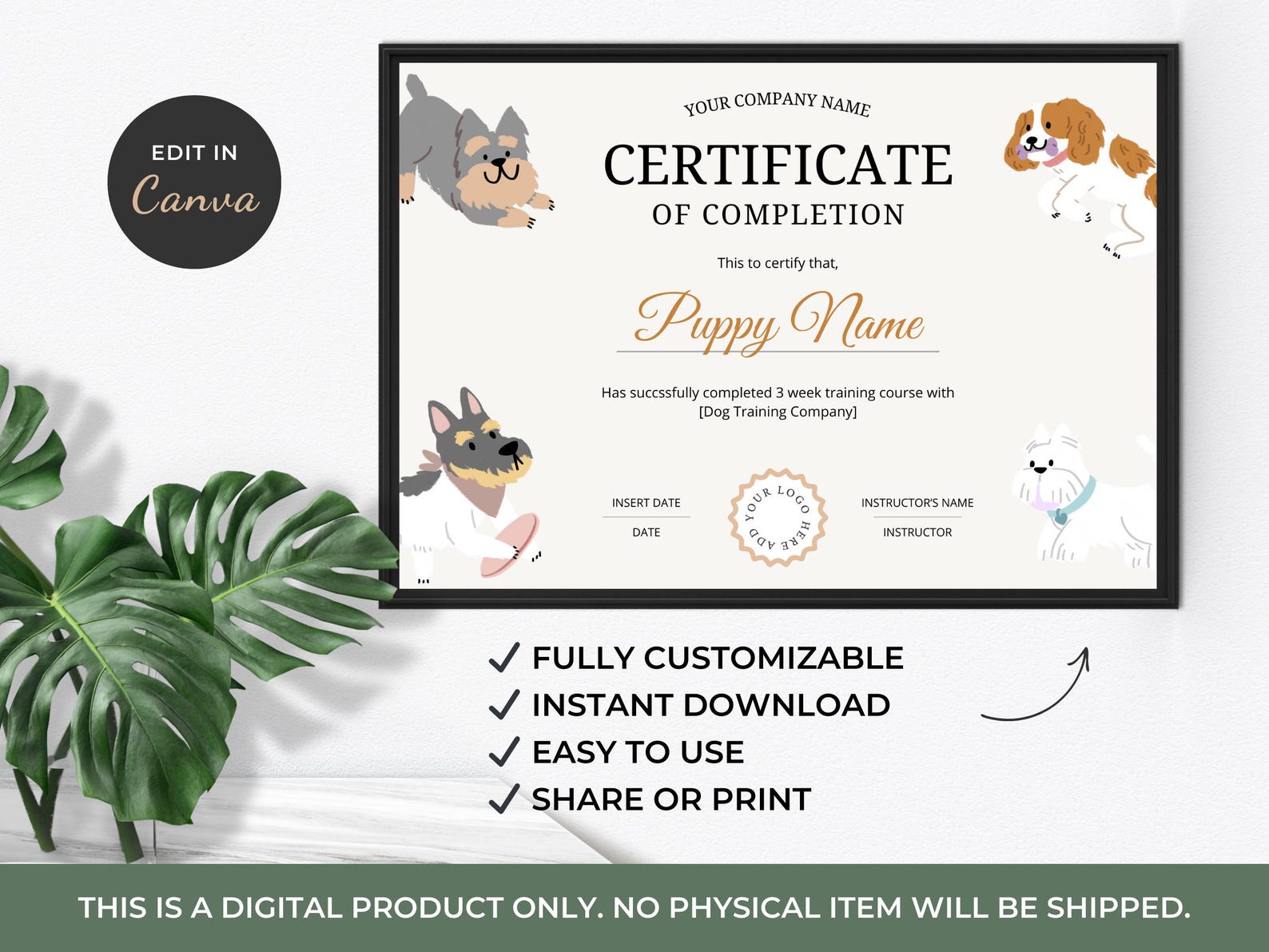 Dog Training Certificate Template, Editable in Canva, Printable Instant ...