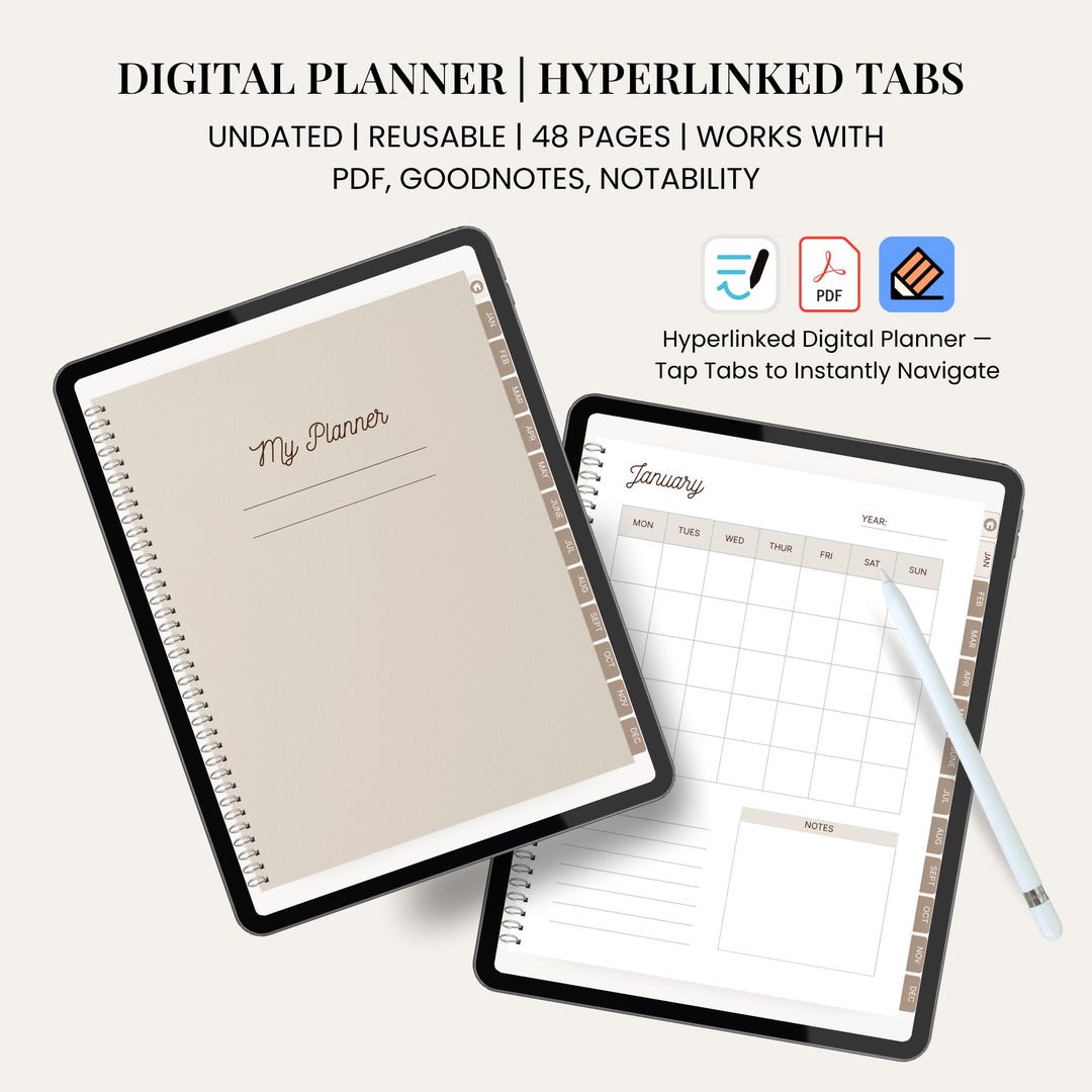 Undated Digital Planner | Monthly, Weekly, Daily | Clickable Tabs ...