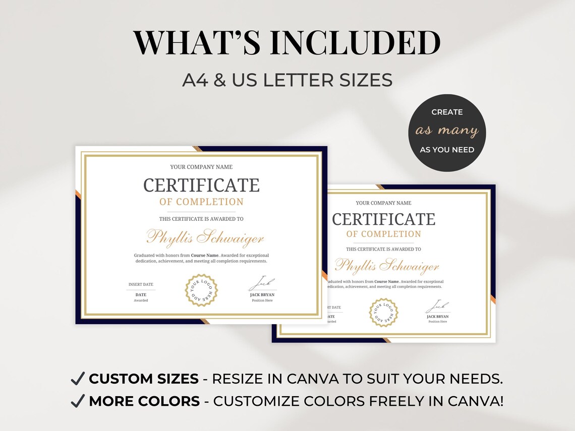 Editable Certificate of Completion Template: Printable Canva Award ...