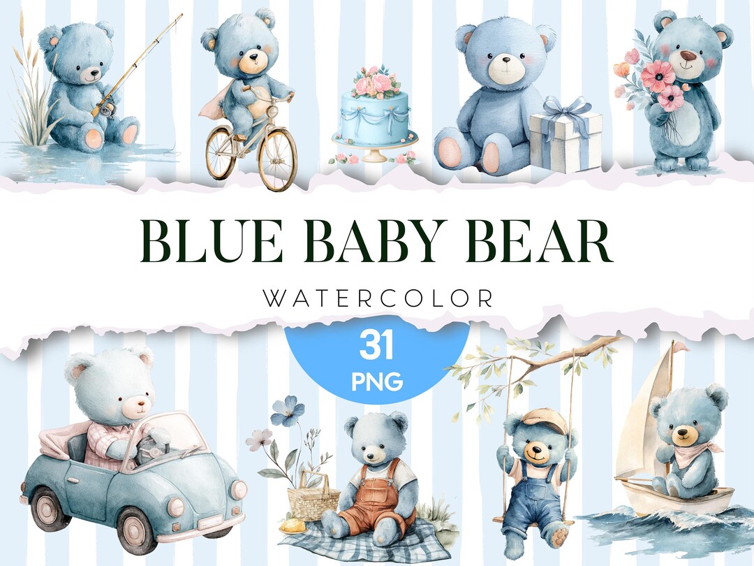 Blue Baby Bear Watercolor Clipart Bundle, 31 PNG Images, Blue Bear Clip ...
