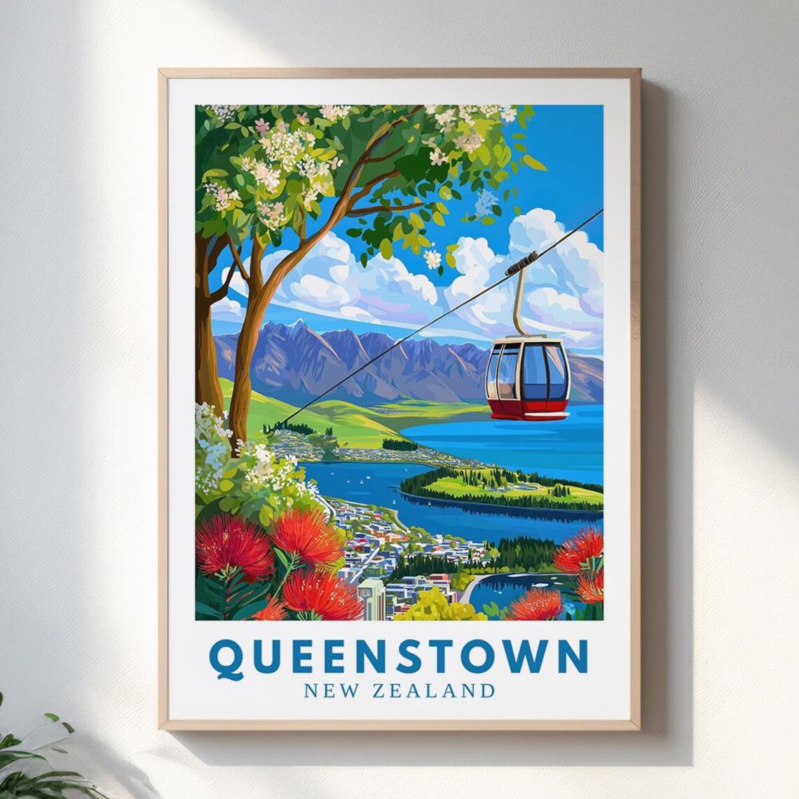 New Zealand Travel Poster: Queenstown, Lake Wakatipu, Scenic Mountains ...